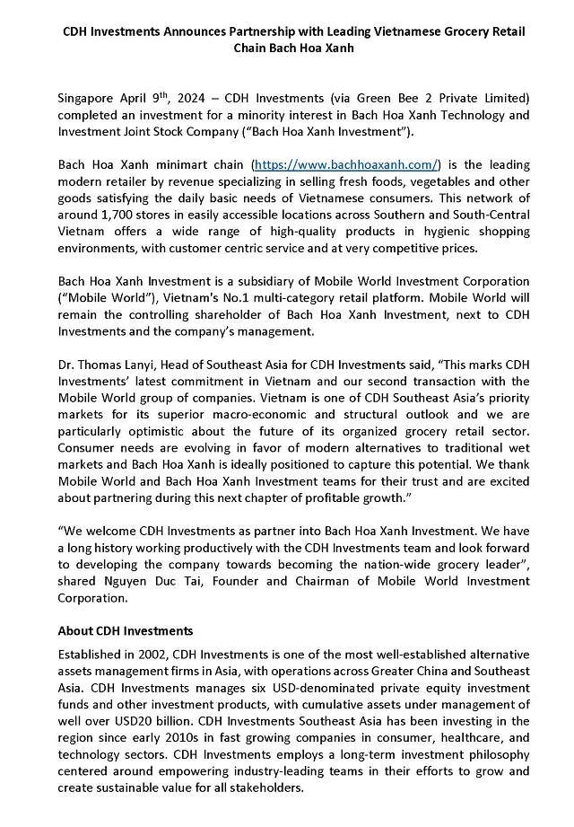 CDH Investments đã mua 5% cổ phần Bách hóa Xanh | Fili